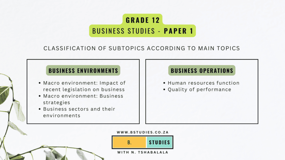Breakdown of Subtopics and Exam Scope | FET Phase Business Studies
